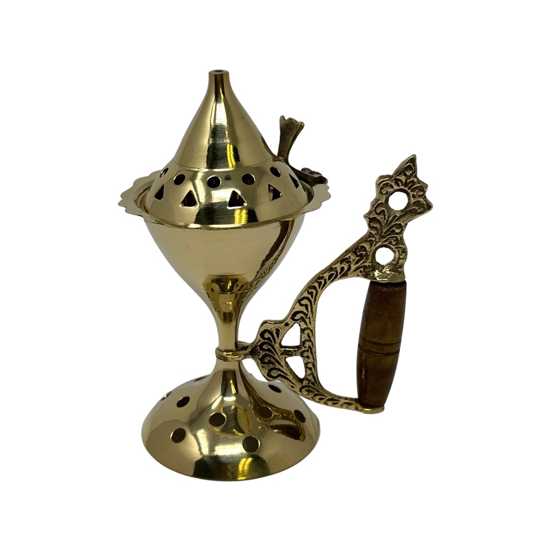 Brass Censer Burner with Wooden Handle, 5.5" H, 2.5" D, Each